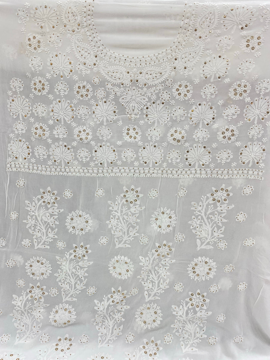 Veersons Chikankari Hand-Embroidered Viscose Georgette White Unstitche ...